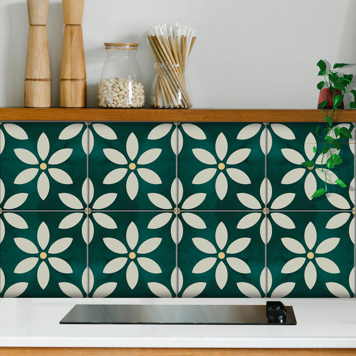 Moss Green Floral Kitchen Backsplash Tile Stickers | Peel and Stick Ba ...